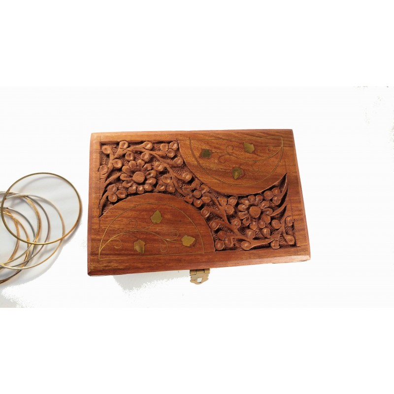 Beautiful hand carved marquetry wooden box with brass inlay