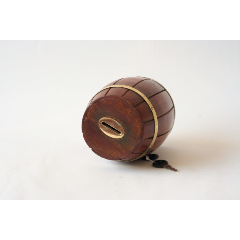 Hand crafted wooden piggy bank money storage box with keys.