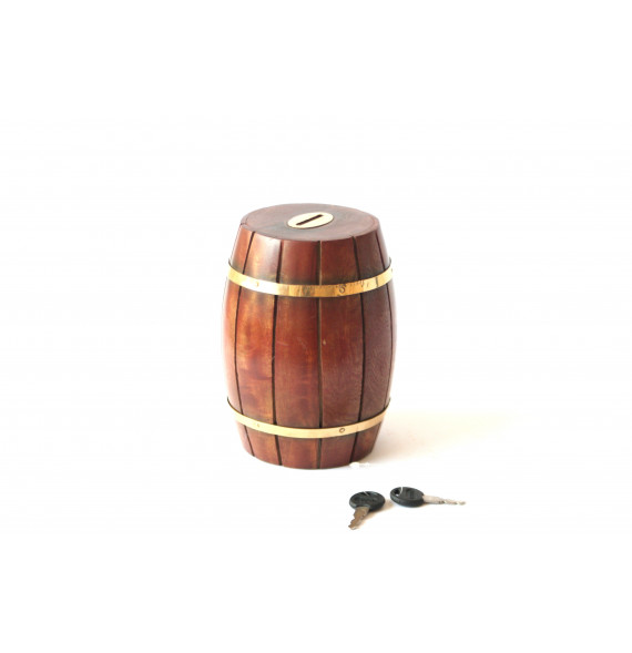 Hand crafted wooden piggy bank money storage box with keys.