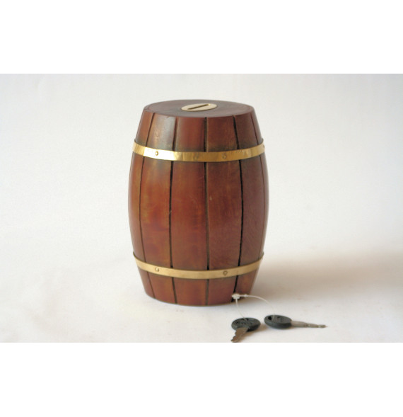 Hand crafted wooden piggy bank money storage box with keys.