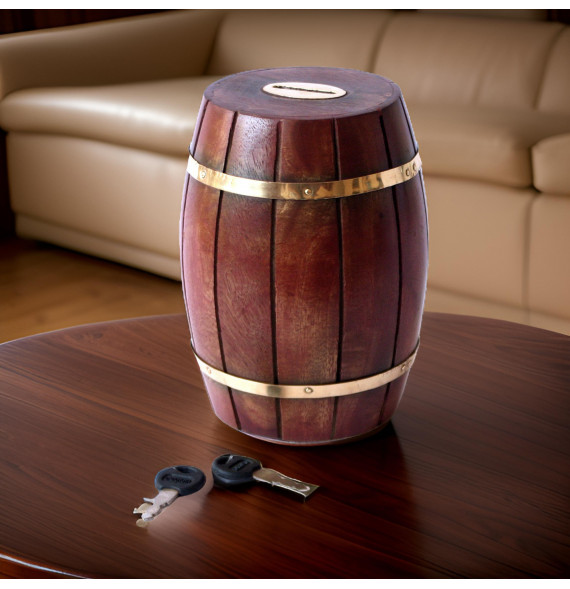 Hand crafted wooden piggy bank money storage box with keys.